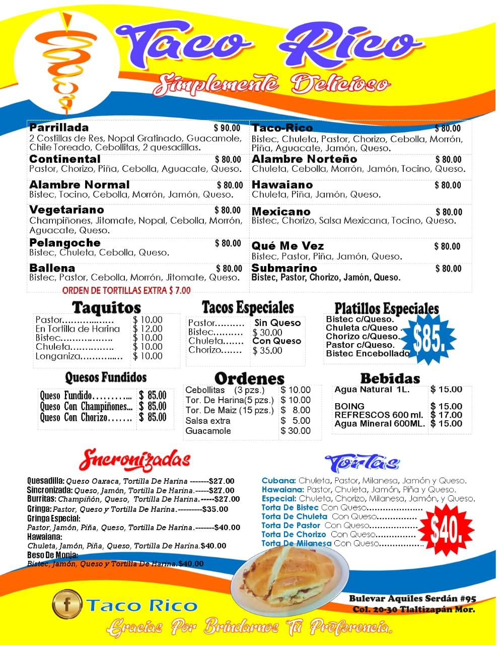 Menu at Taqueria "Taco Rico" restaurant, Tlaltizapán