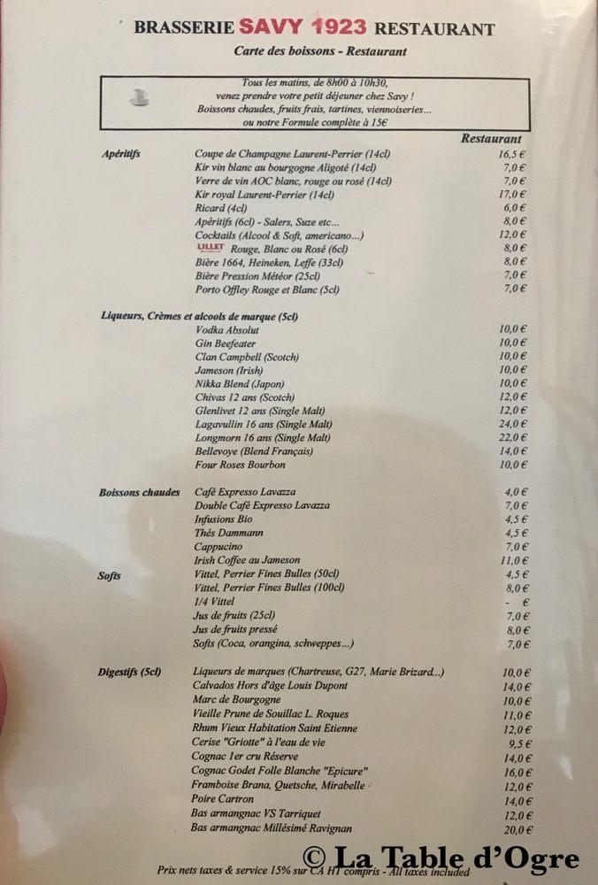 Menu at Chez Savy restaurant, Paris