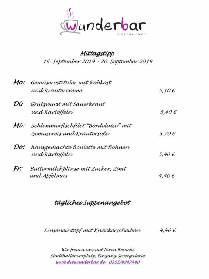 Menu at Die Wunderbar, Cottbus