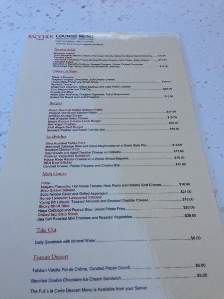 Menu at Bacchus Lounge pub & bar, Niagara-on-the-Lake