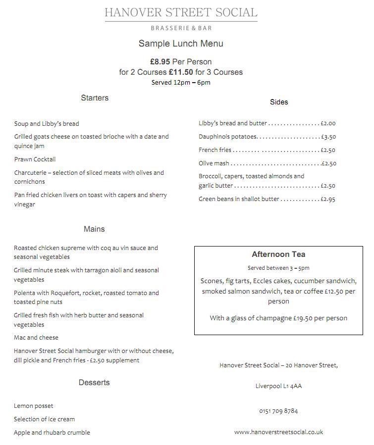 Menu at Hanover Street Social restaurant, Liverpool