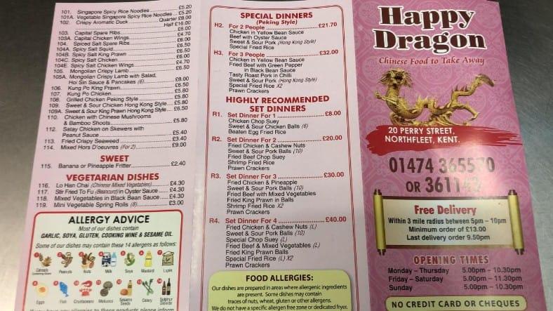 Menu at Happy Dragon fast food, Gravesend