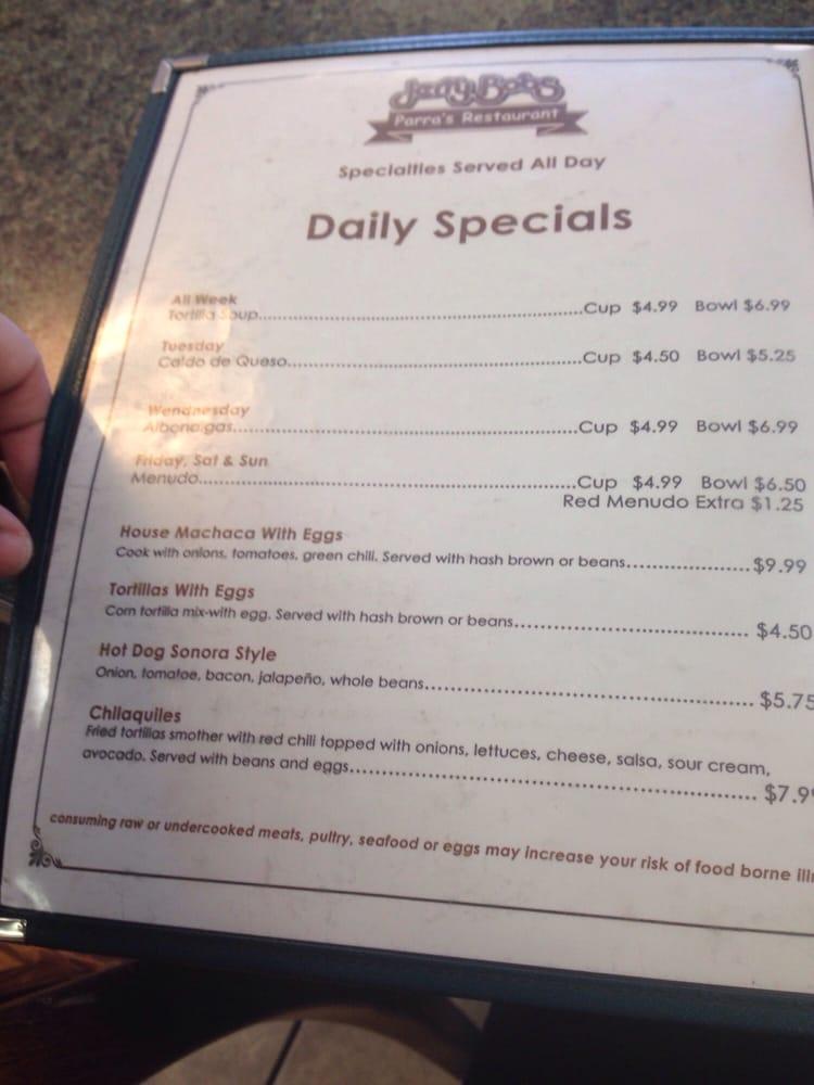 Menu at Jerry Bob's Restaurant, Tucson, E Valencia Rd