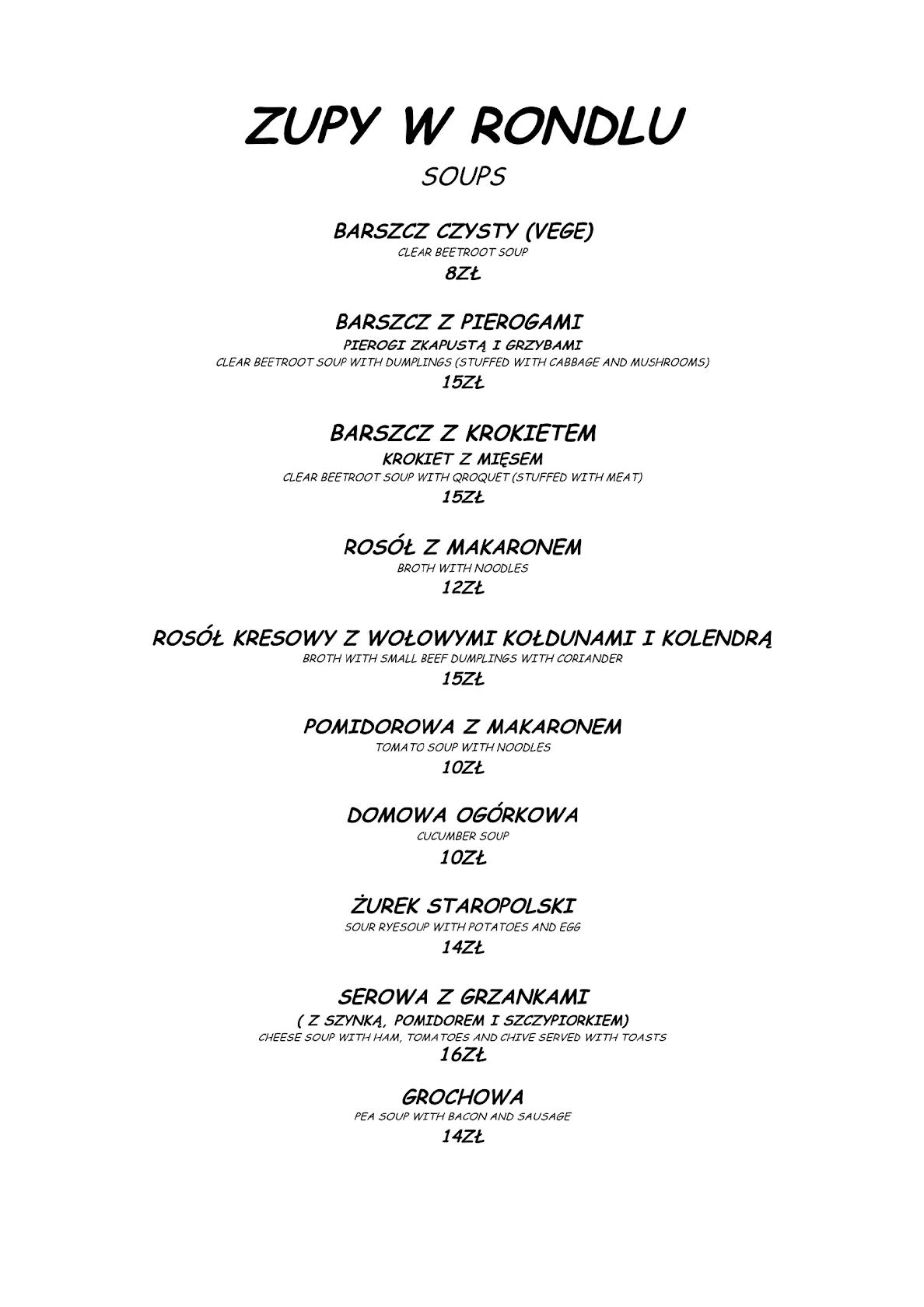 Menu at Restauracja Kurna Chata restaurant, Wrocław, Odrzańska 24/29