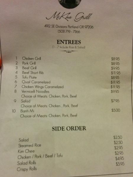 Menu at MeKha Grill restaurant, Portland