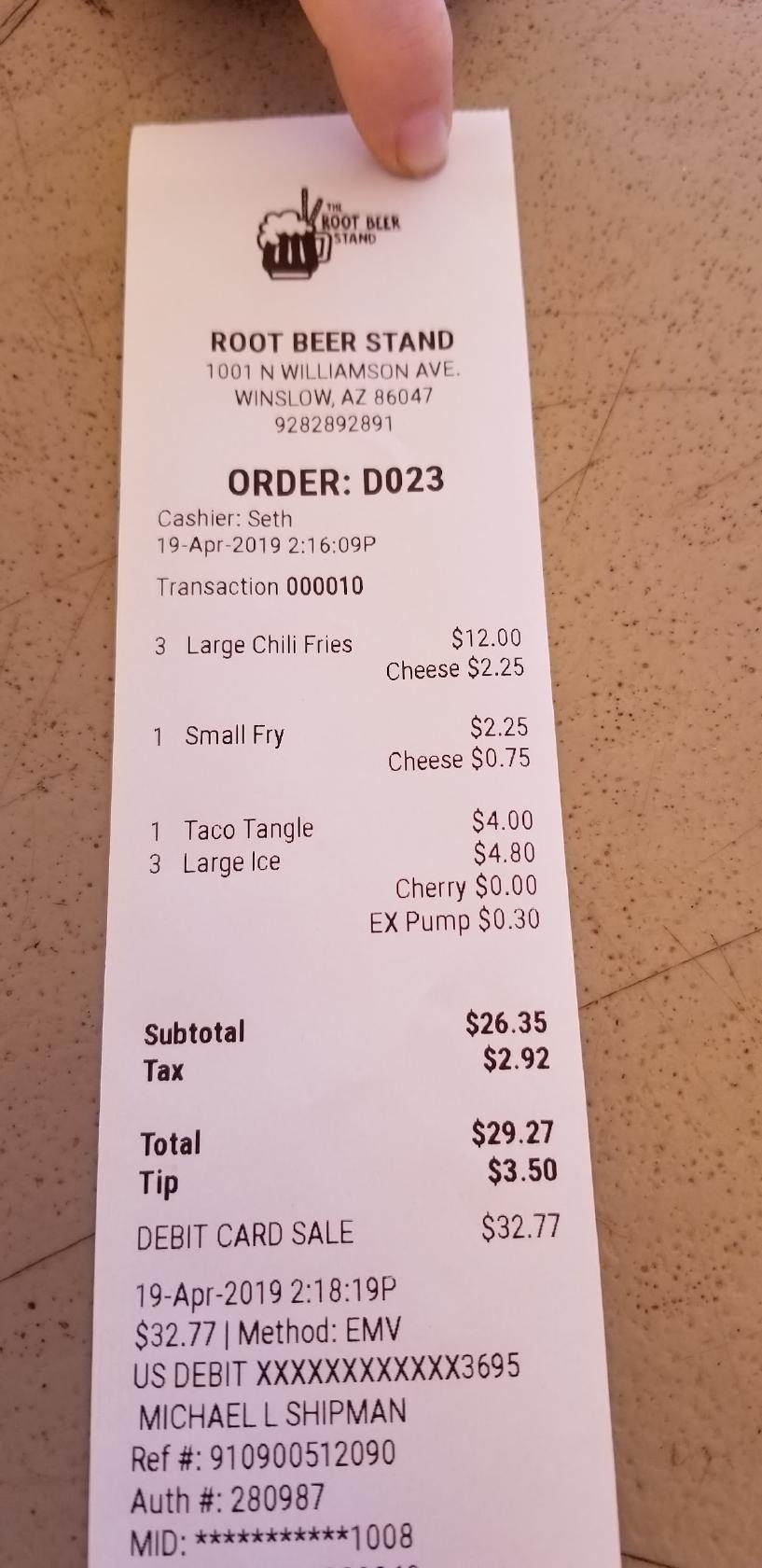 Menu at Root Beer Stand restaurant, Winslow