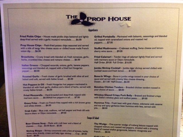 Menu at The Prop House restaurant, Craig Beach