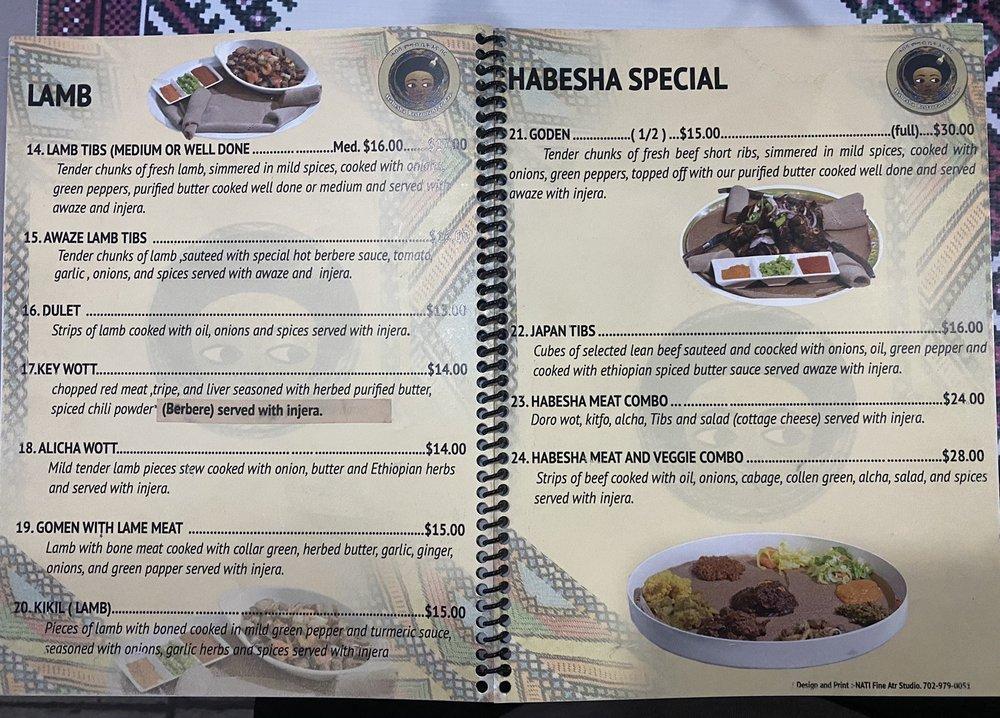 Menu at HABESHA RESTAURANT & BAR, Las Vegas