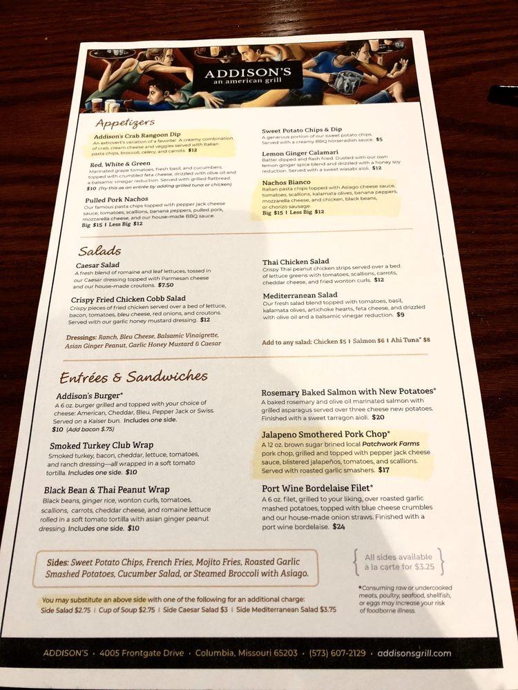 Menu at Addison's - South restaurant, Columbia, Frontgate Dr