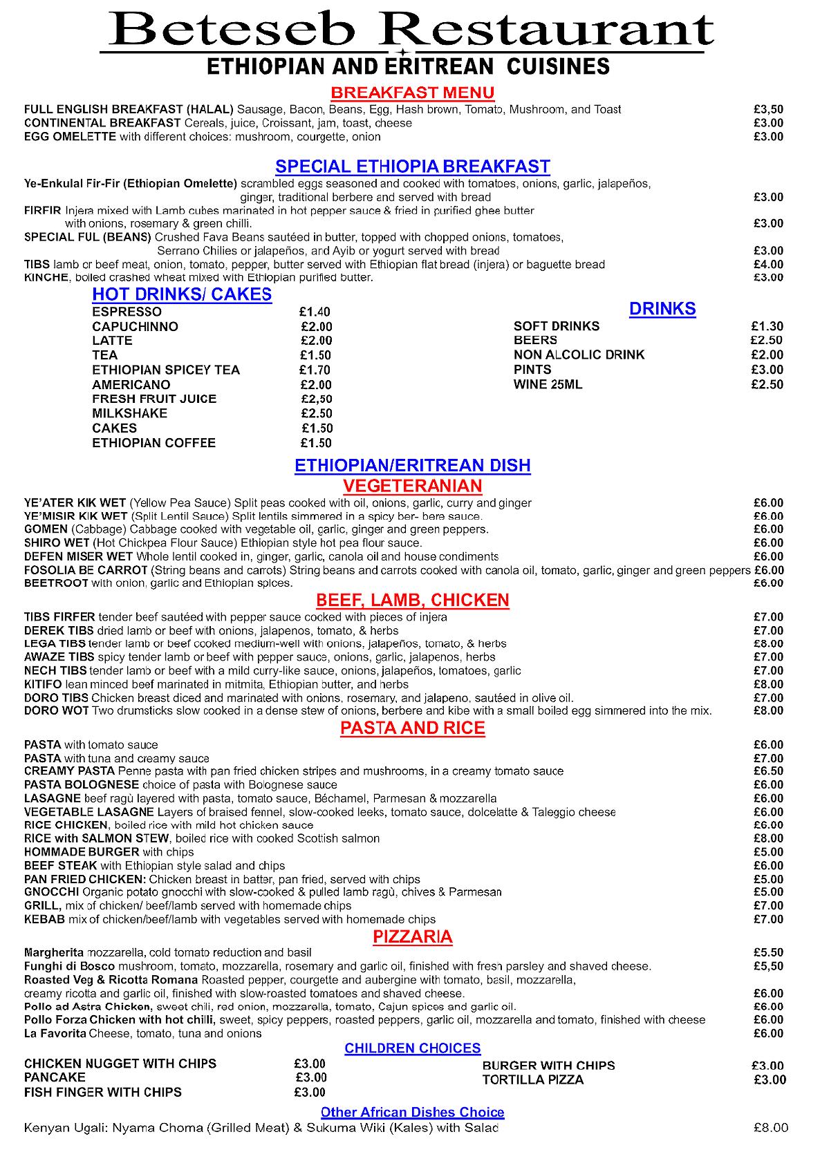 Menu at Beteseb Ethiopian Restaurant Sheffield, Sheffield