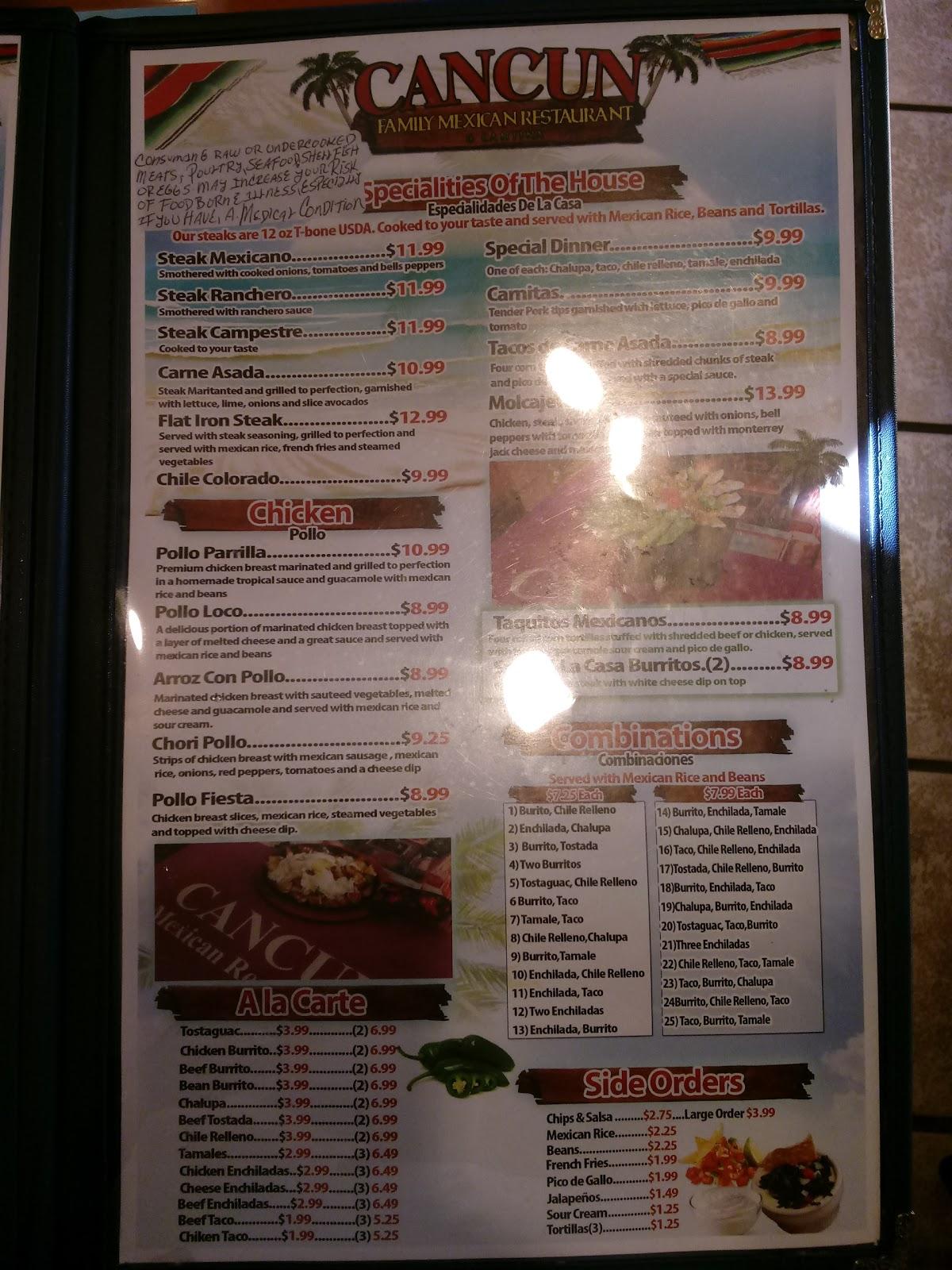 Menu at Cancun Mexican Restaurant, Greeneville