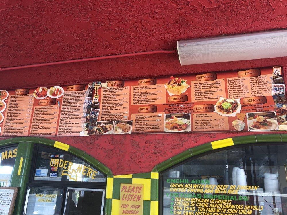 Menu at Cha-Cha's Tacos restaurant, Redlands
