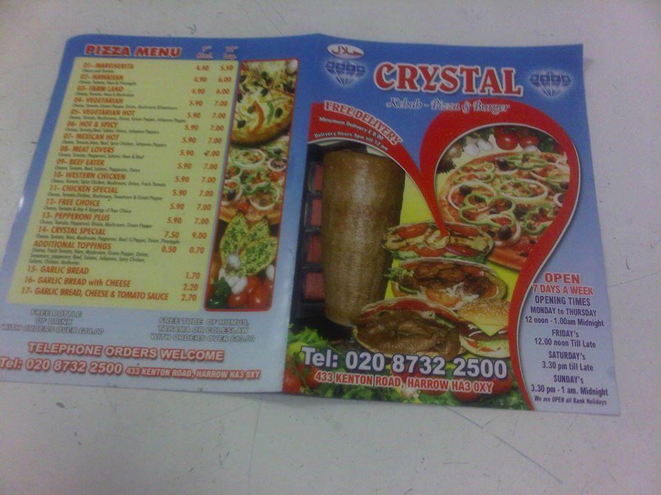 Menu at Crystal fast food, London, 433 Kenton Road