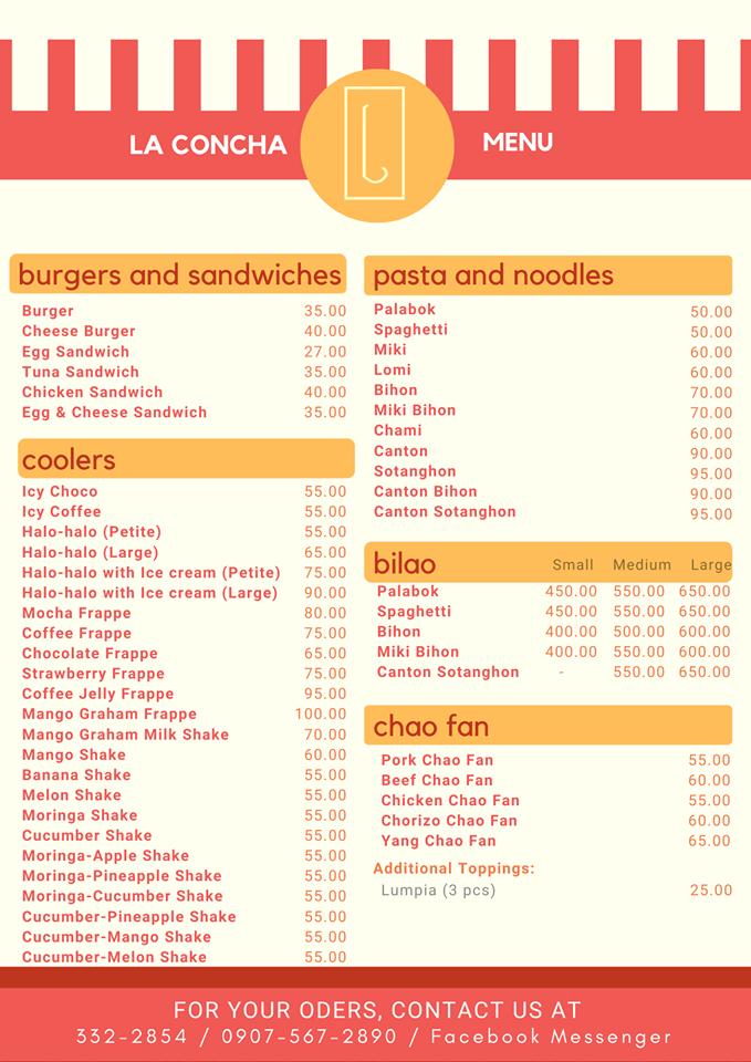 Menu at LA Concha Annex restaurant, Boac