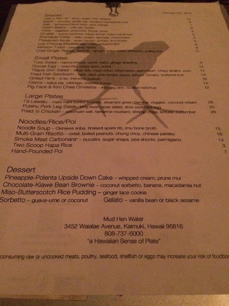 Menu at Mud Hen Water pub & bar, Honolulu, Waialae Ave