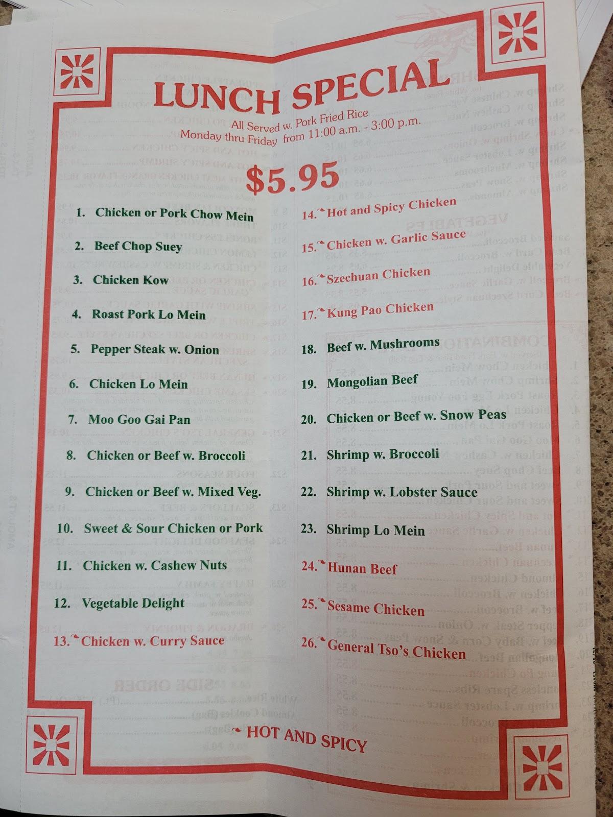 Menu at New Dragon restaurant, Valparaiso