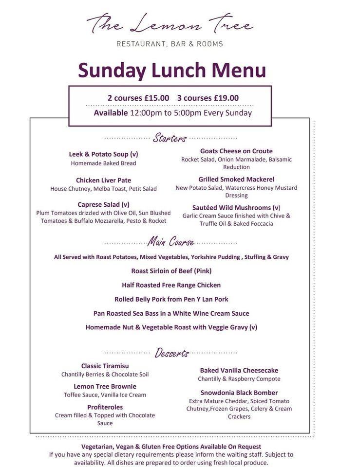 Menu at The Lemon Tree Restaurant With Rooms, Wrexham