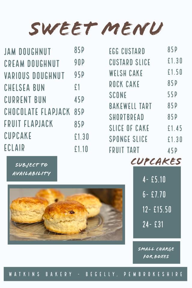 Menu at Watkins Bakery, Begelly