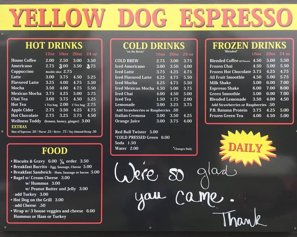 Carta de Yellow Dog Espresso, Hebo