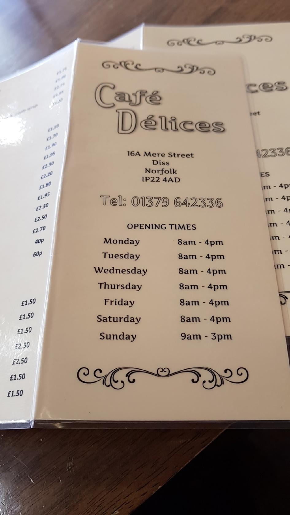 Menu at Cafe Delices, Diss