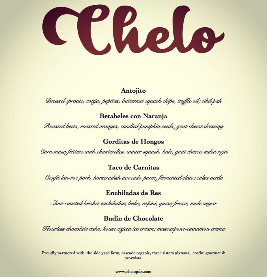 Menu at Chelo restaurant, Portland