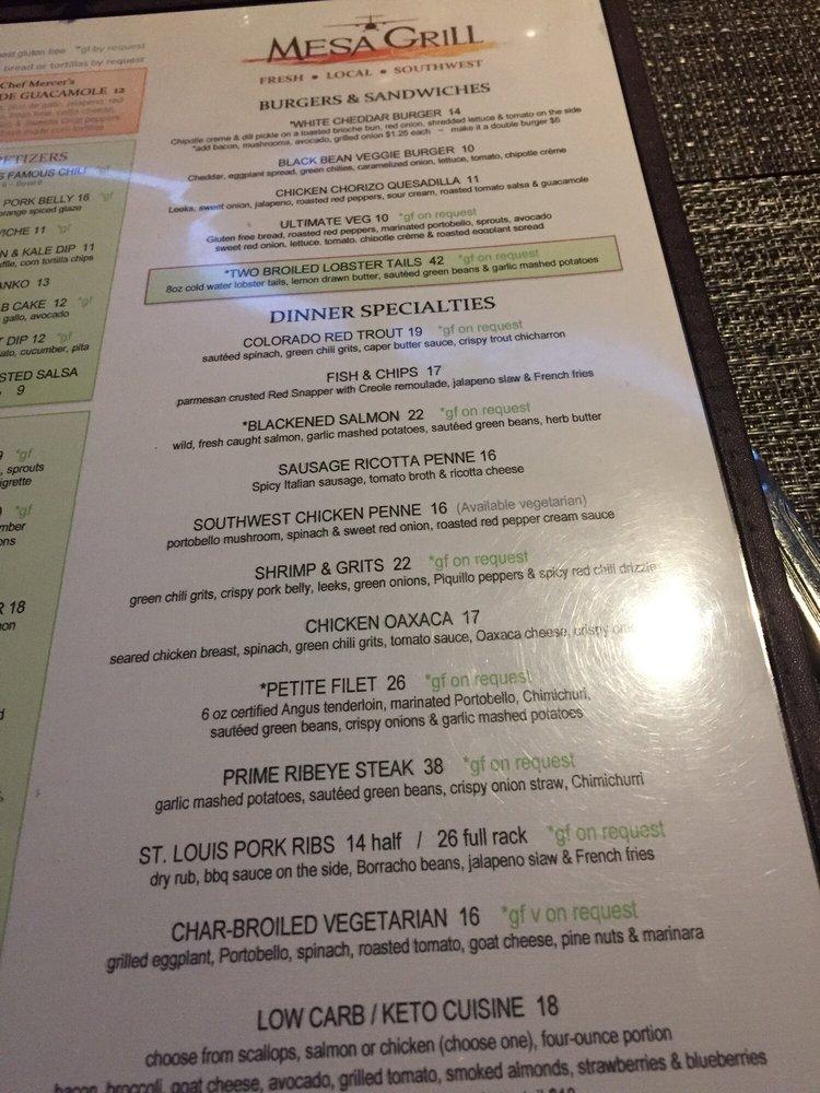 Menu at Mesa Grill Sedona restaurant, Sedona