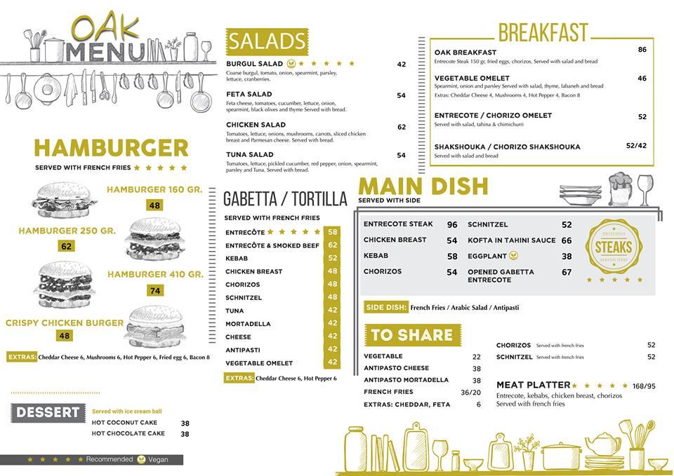 Menu at Oak Burgers restaurant, Haifa, Sderot Ben Gurion 29