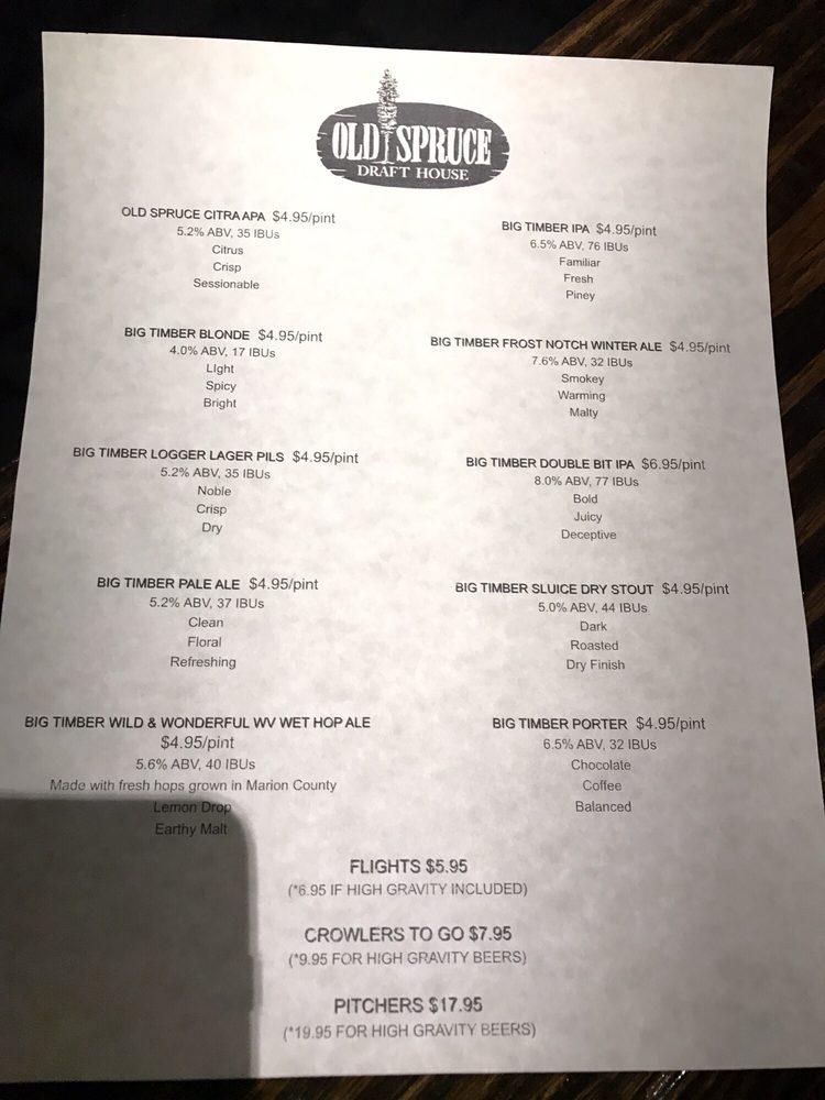 Menu at Old Spruce Tavern pub & bar, Snowshoe