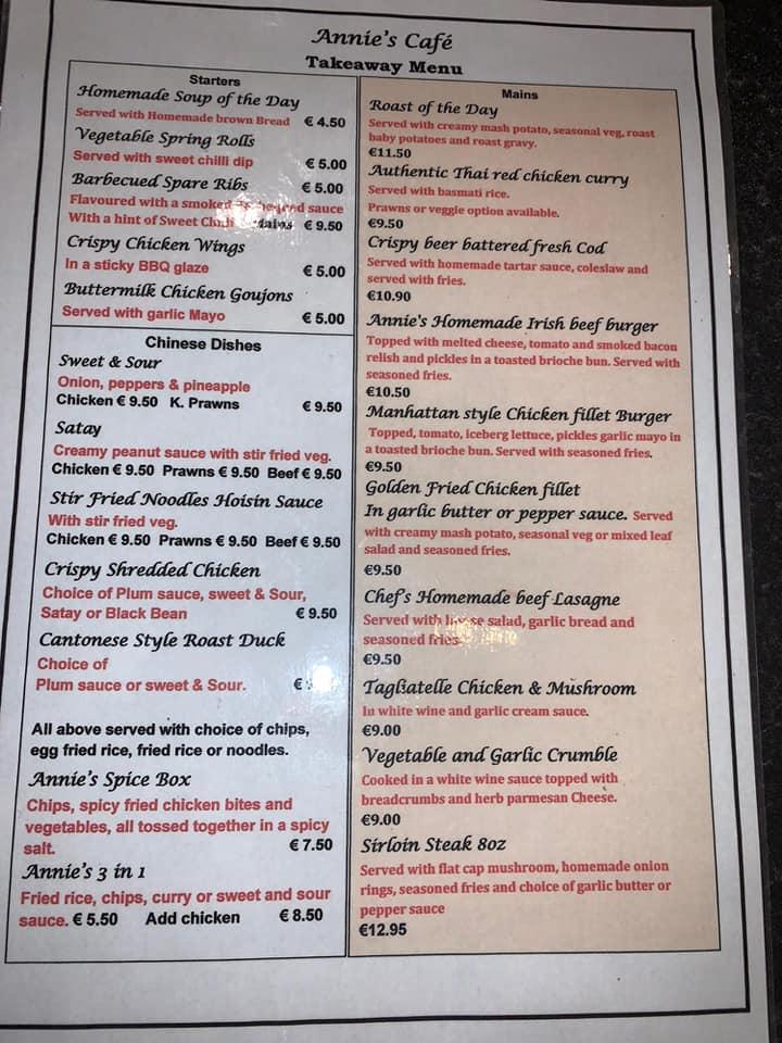 Menu at Annie's Cafe, Kildysart
