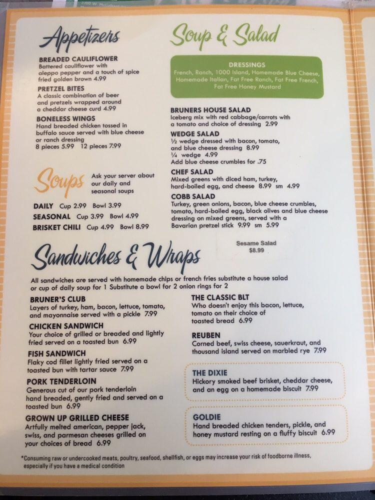 Menu at Bruner's Family Restaurant, Muncie
