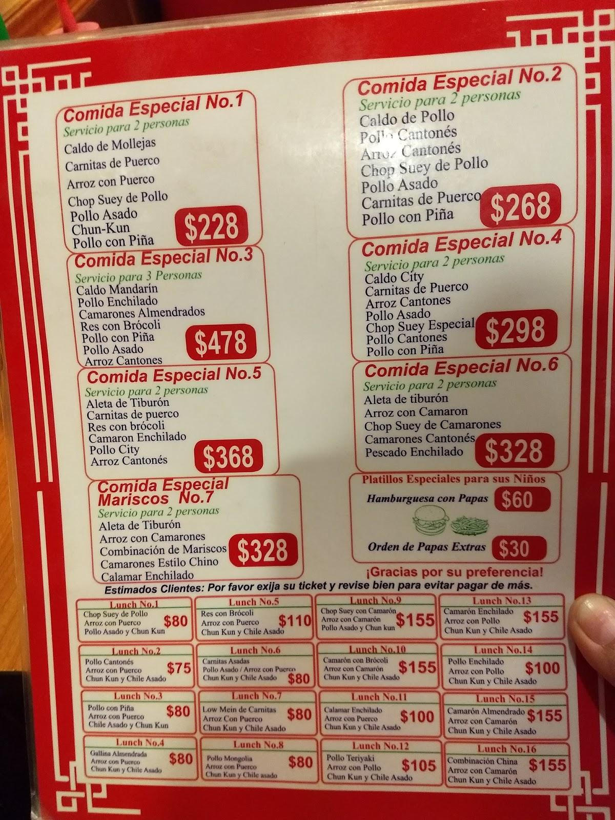 Menu at Canton City restaurant, Tijuana, Defensores de Baja California 12