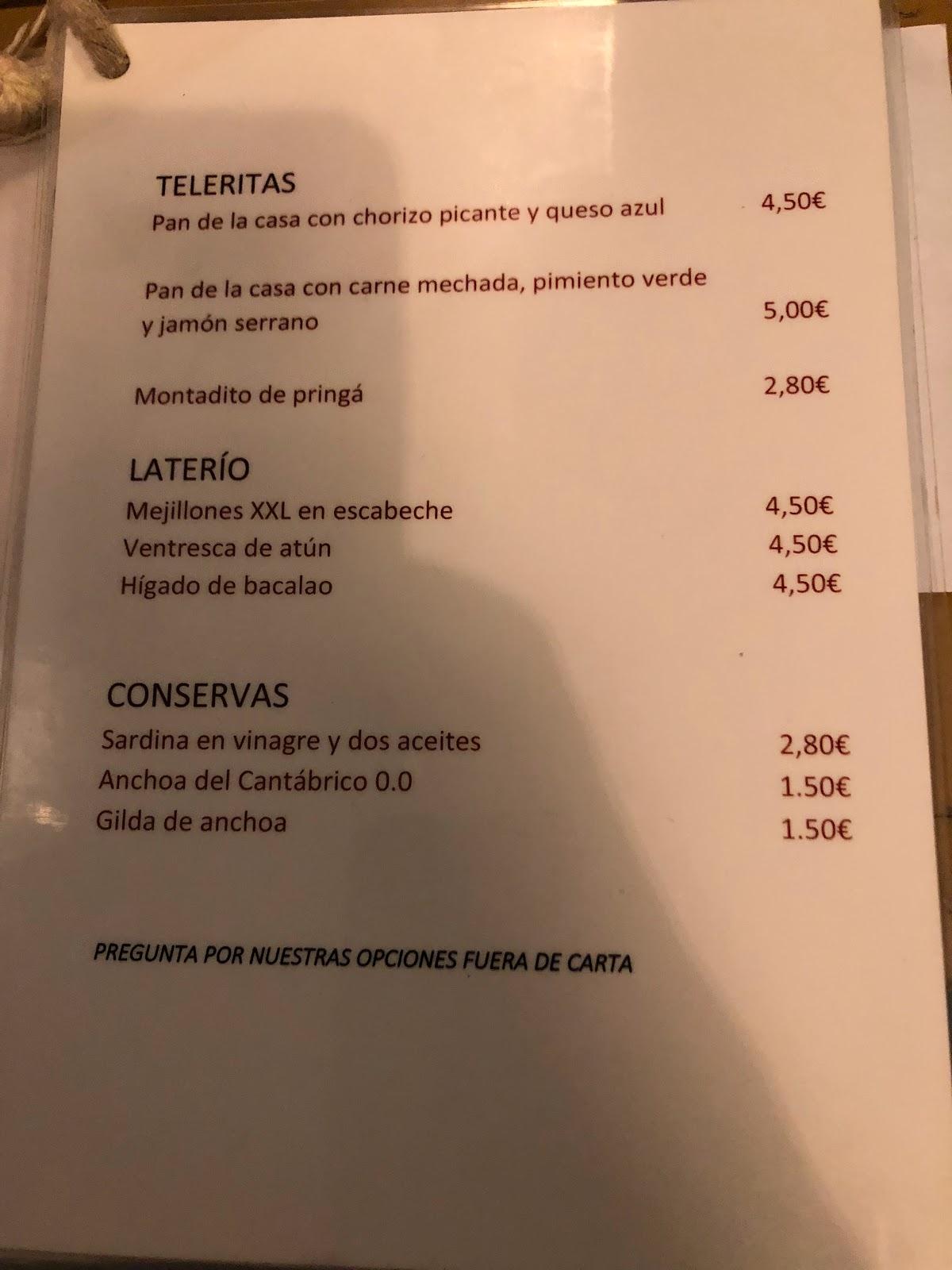 Carta del pub y bar Quesería Vuelve Carmina, Sevilla