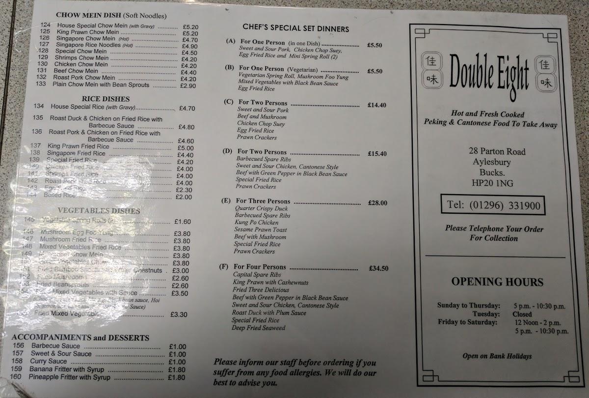 Menu at Double Eight fast food, Aylesbury