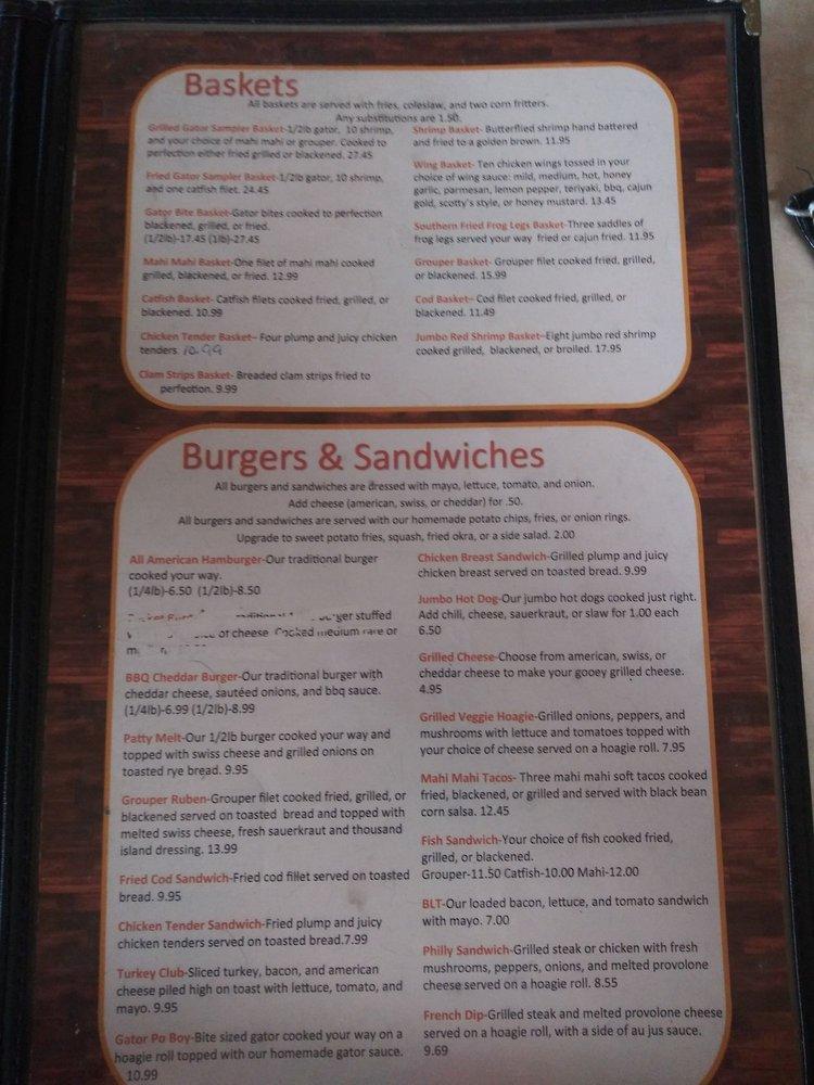 Menu at Jolly Gator Fish Camp restaurant, USA