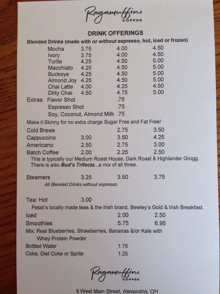 Menu at Ragamuffins Coffee cafe, Alexandria