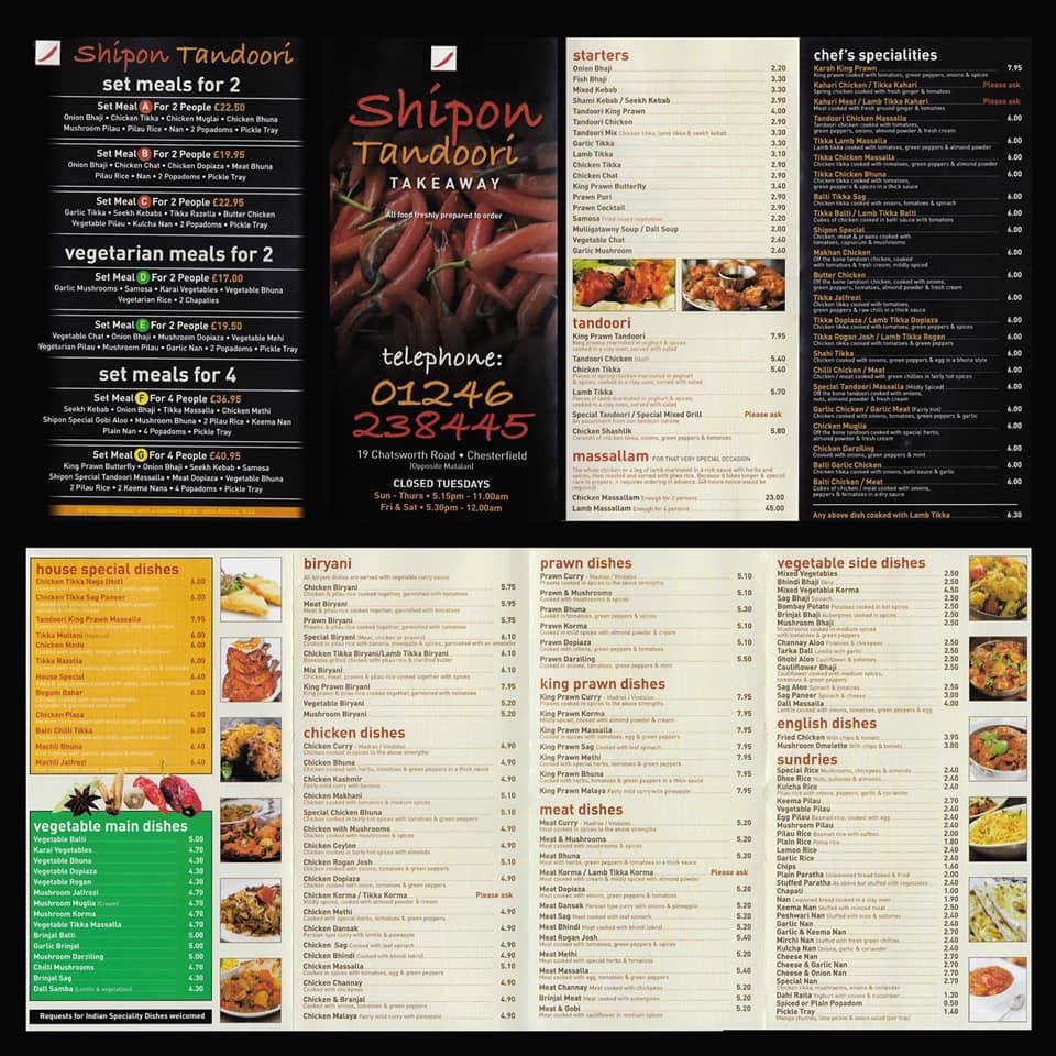 Menu at Shipon Tandoori fast food, Chesterfield