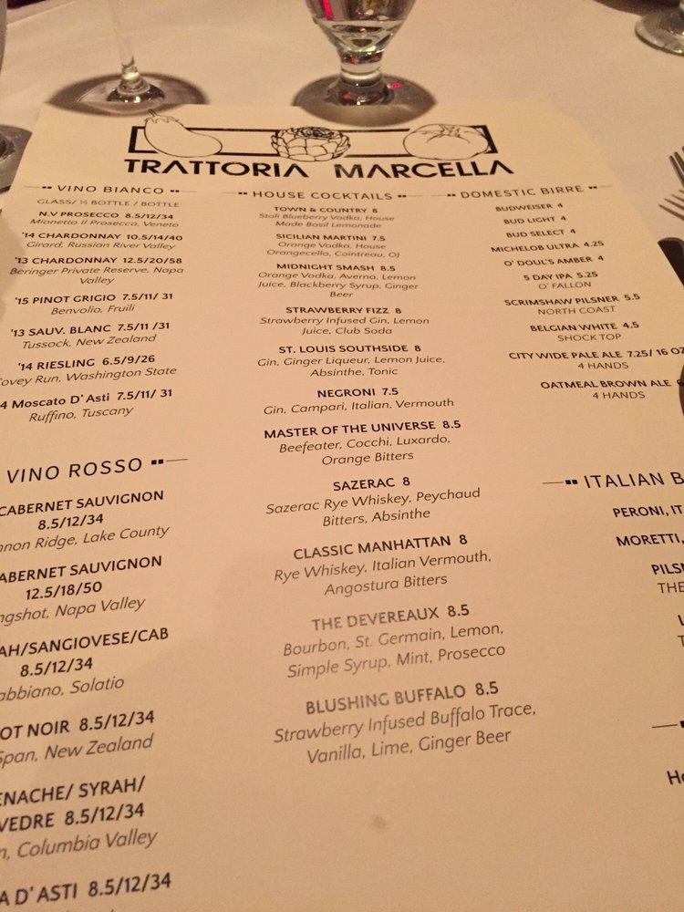 Menu at Trattoria Marcella restaurant, St. Louis, Watson Rd