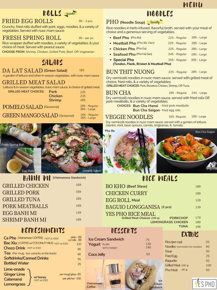 Menu at Yes Pho restaurant, Baguio, extension