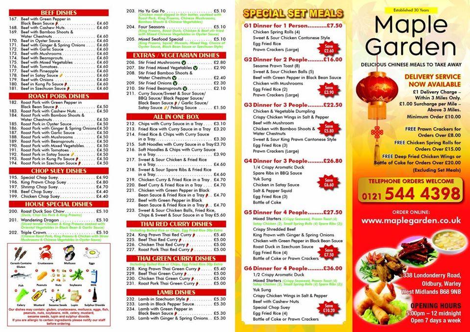 Menu at MAPLE GARDEN fast food, Oldbury