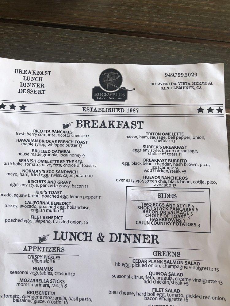 Menu at Rockwell's Bakery, San Clemente