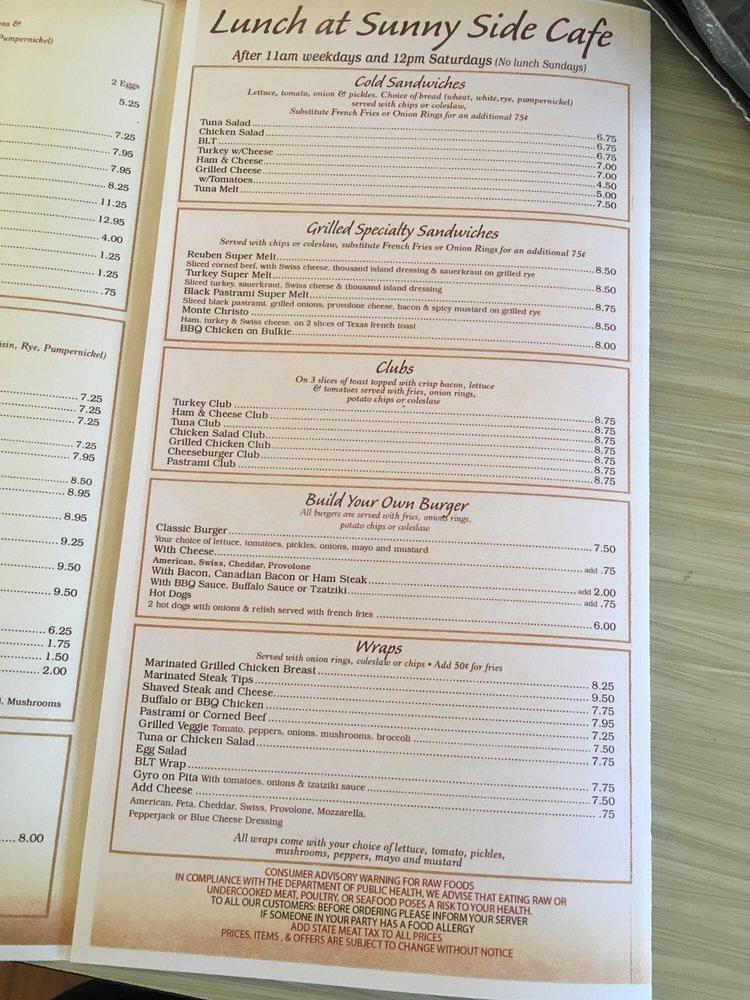 Menu at Sunnyside Cafe, Randolph