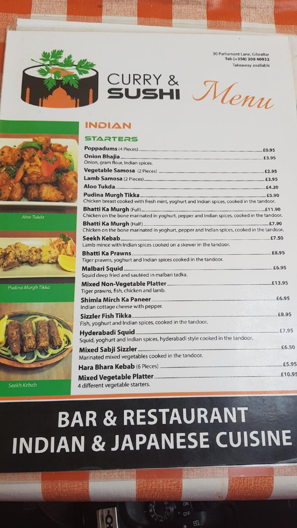Menu at Curry and Sushi restaurant, Gibraltar