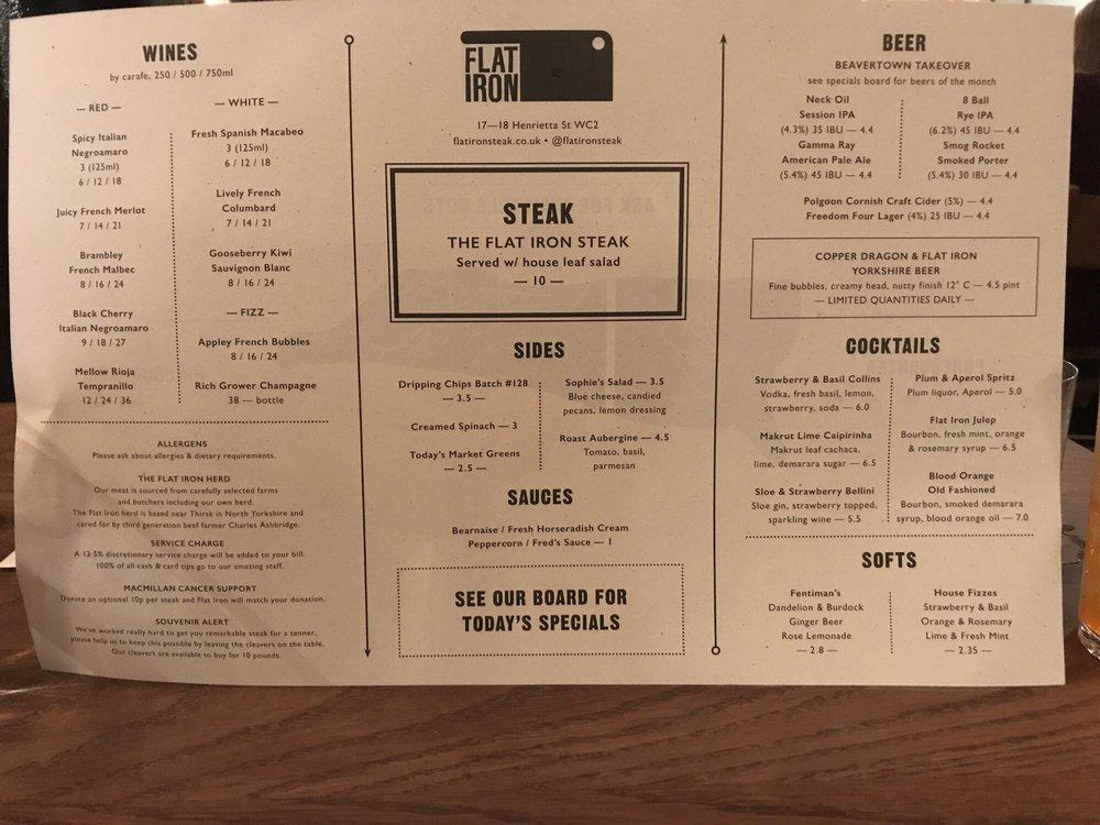 Menu at Flat Iron Covent Garden steakhouse, London, 17-18 Henrietta St