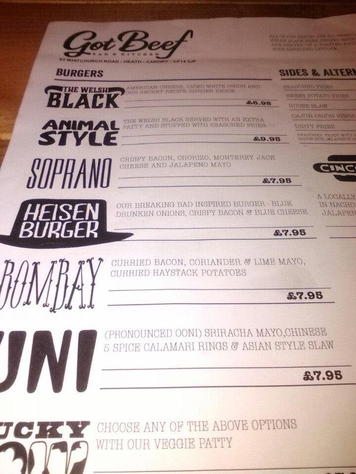 Menu at Got Beef fast food, Cardiff, 83 Whitchurch Rd