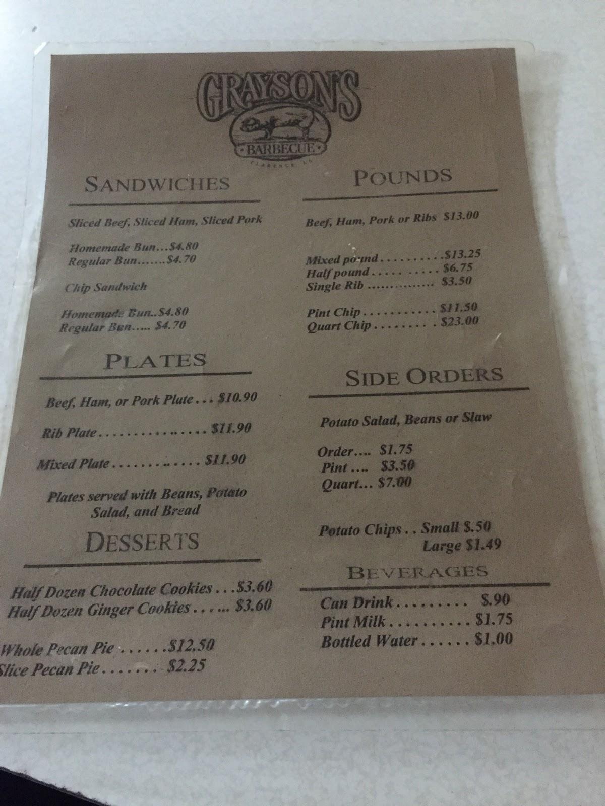 Menu at Grayson's Barbeque, Clarence