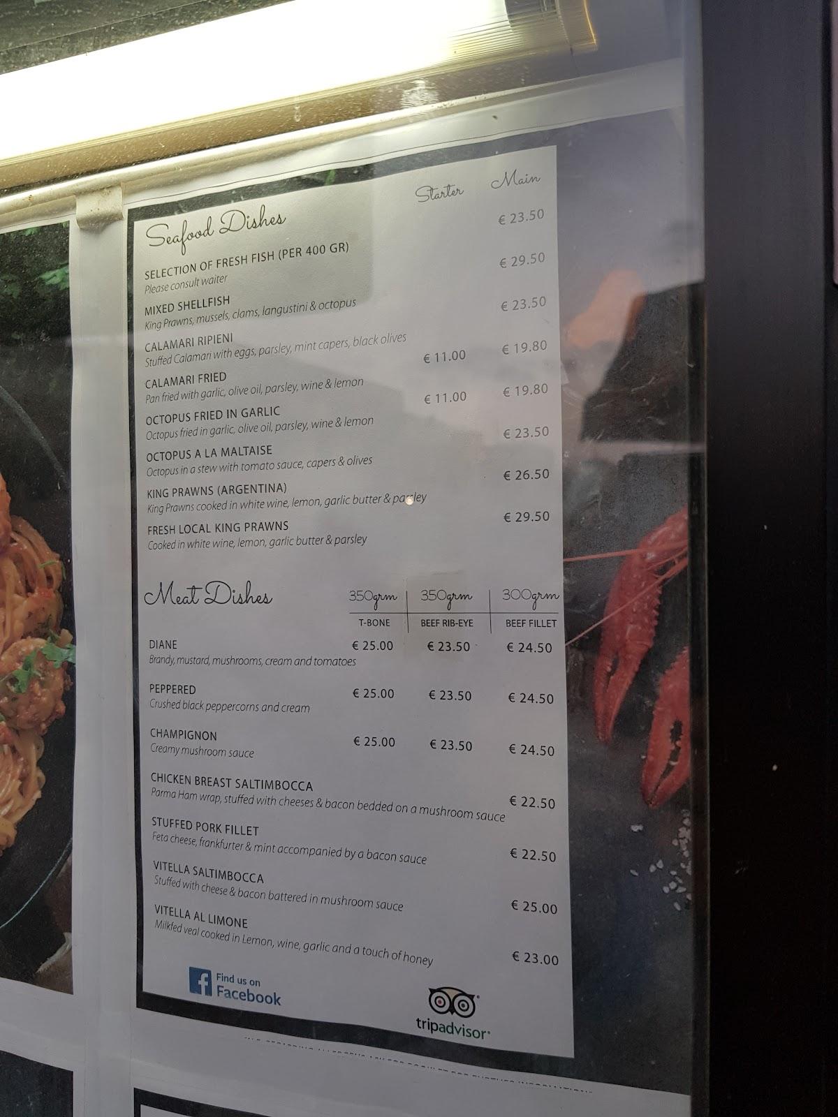 Menu at Hunters Tower restaurant, Marsaxlokk, 5 Wilga St