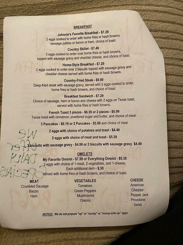 Menu at Johnstown Family Restaurant, Johnstown