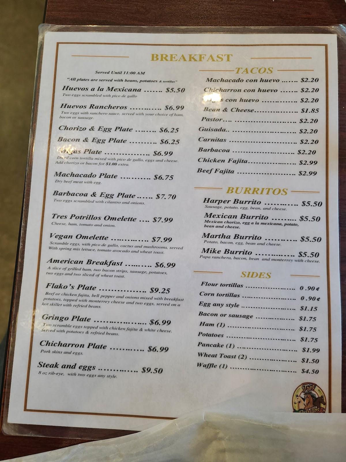 Menu at Los tres potrillos desserts, Harper, W