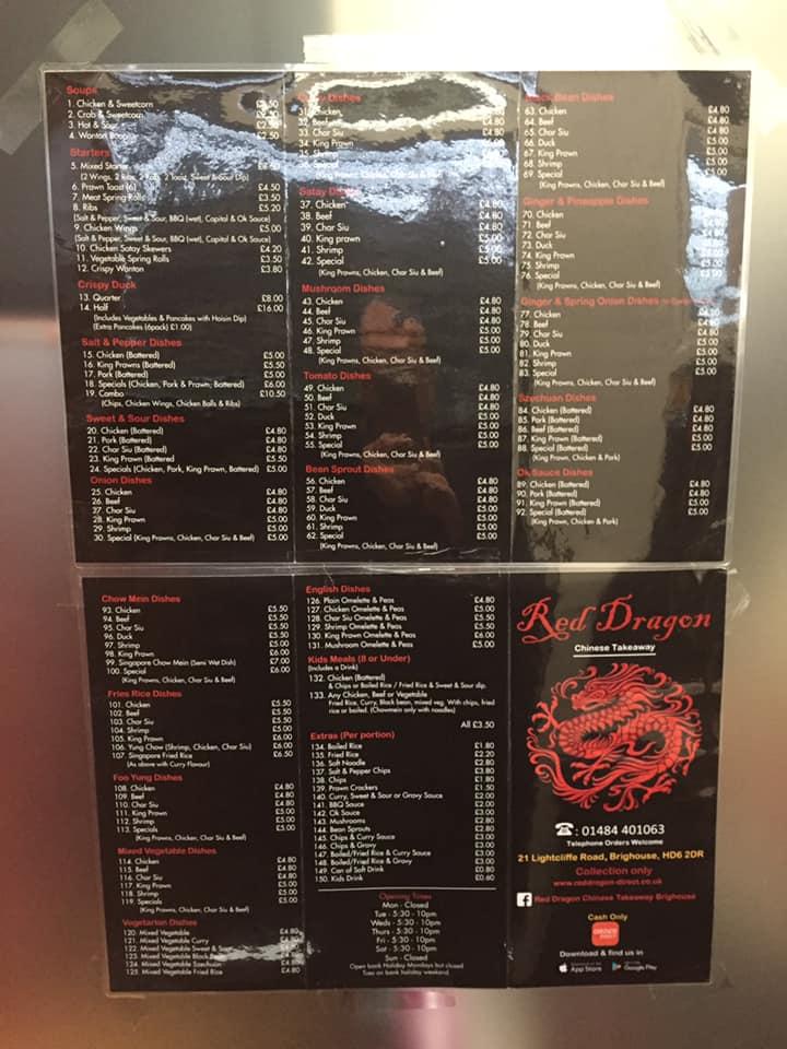 Menu at Red Dragon Chinese Takeaway Brighouse restaurant, Brighouse