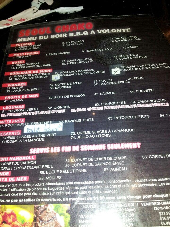 Carta del restaurante Seoul Chako, Montréal